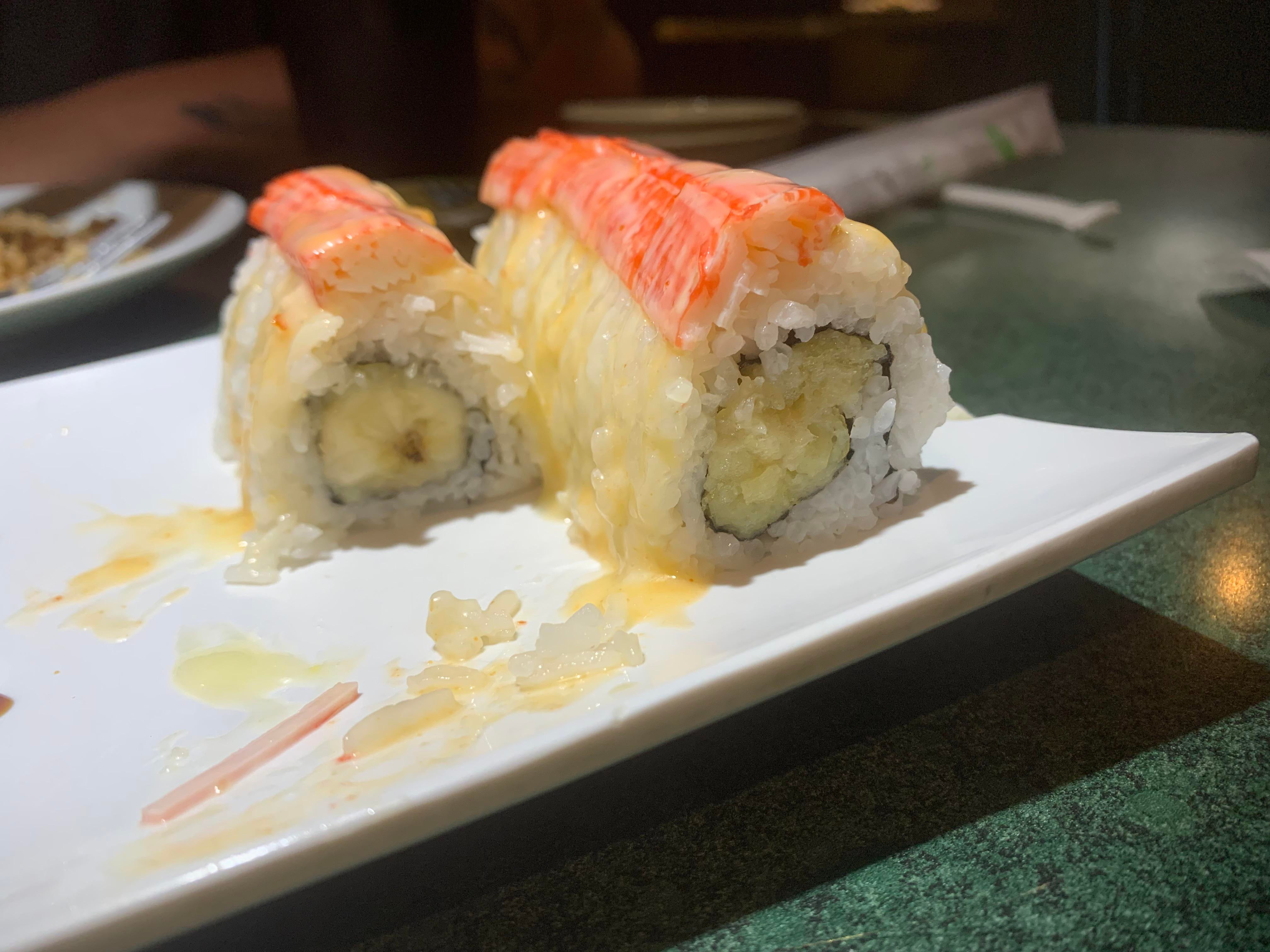 Crazy monkey roll: deep fried banana with (imitation) crab and spicy ...