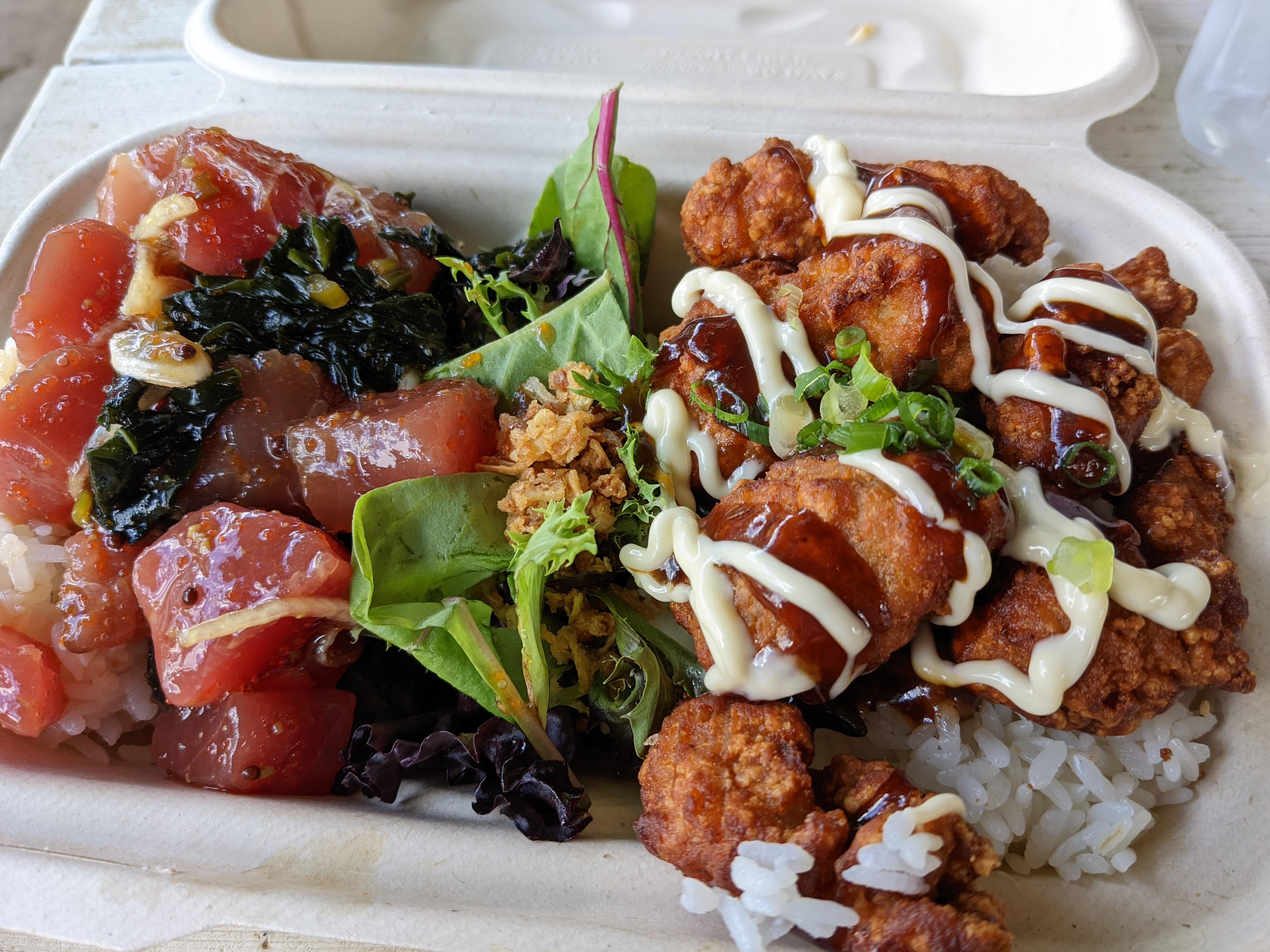 Chicken karaage and yuzu wasabi ahi poke combo - Lonely Japan