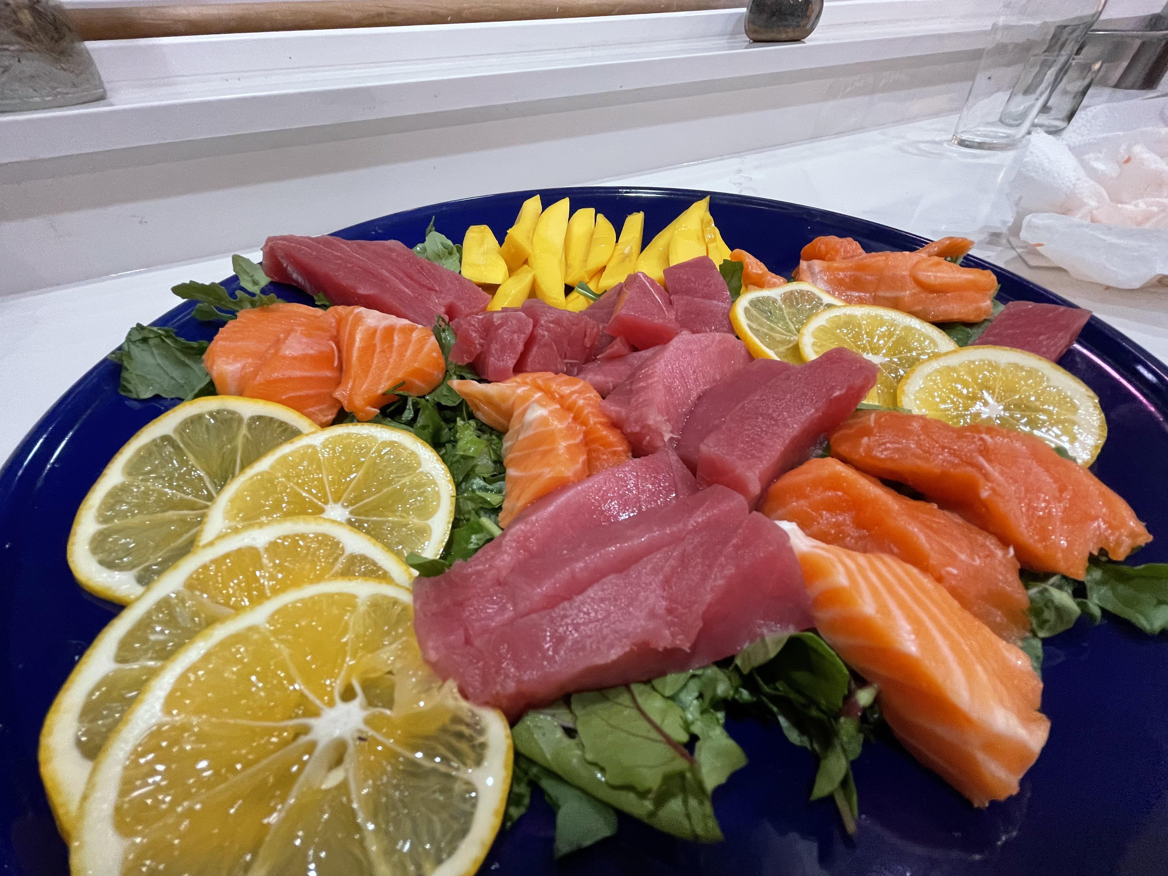 Made some v day sashimi, king salmon,ahi, arugula from the garden ...