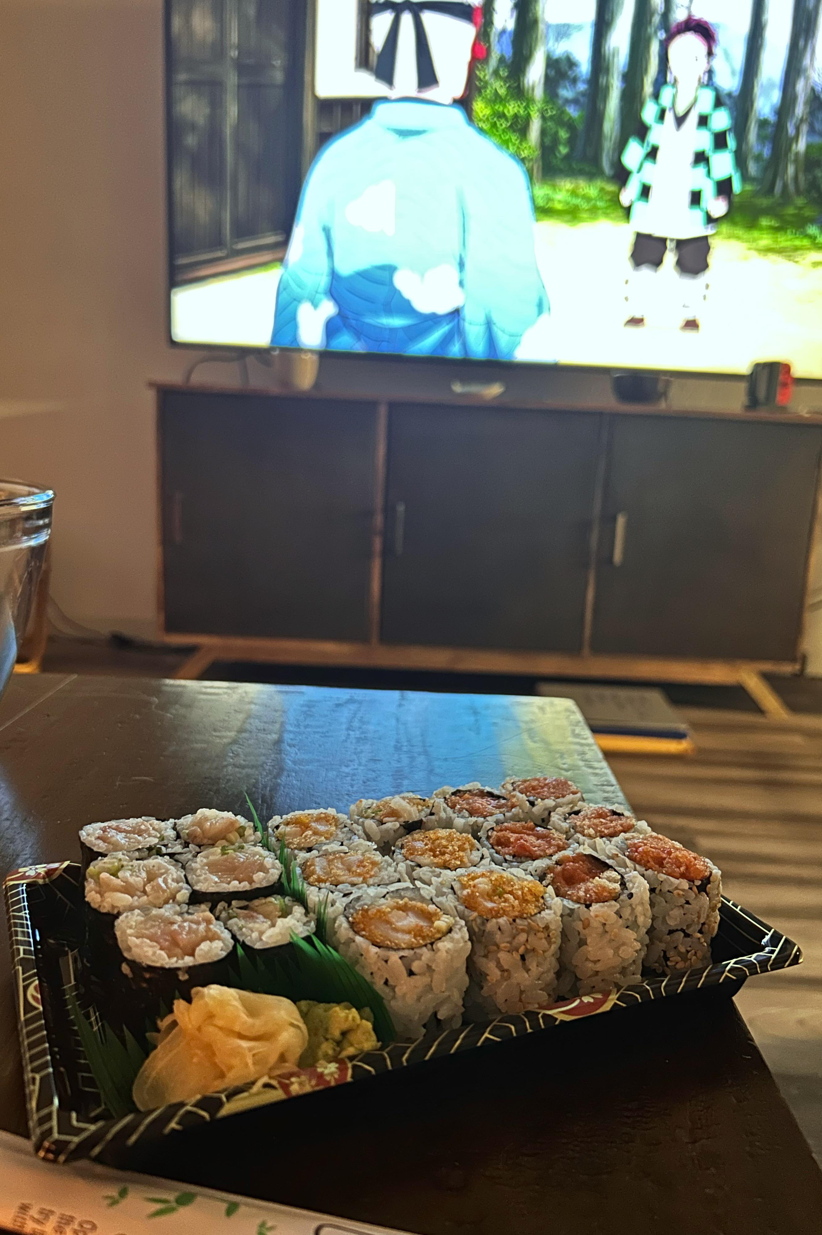 Saturday night sushi take out and anime :3 - Lonely Japan