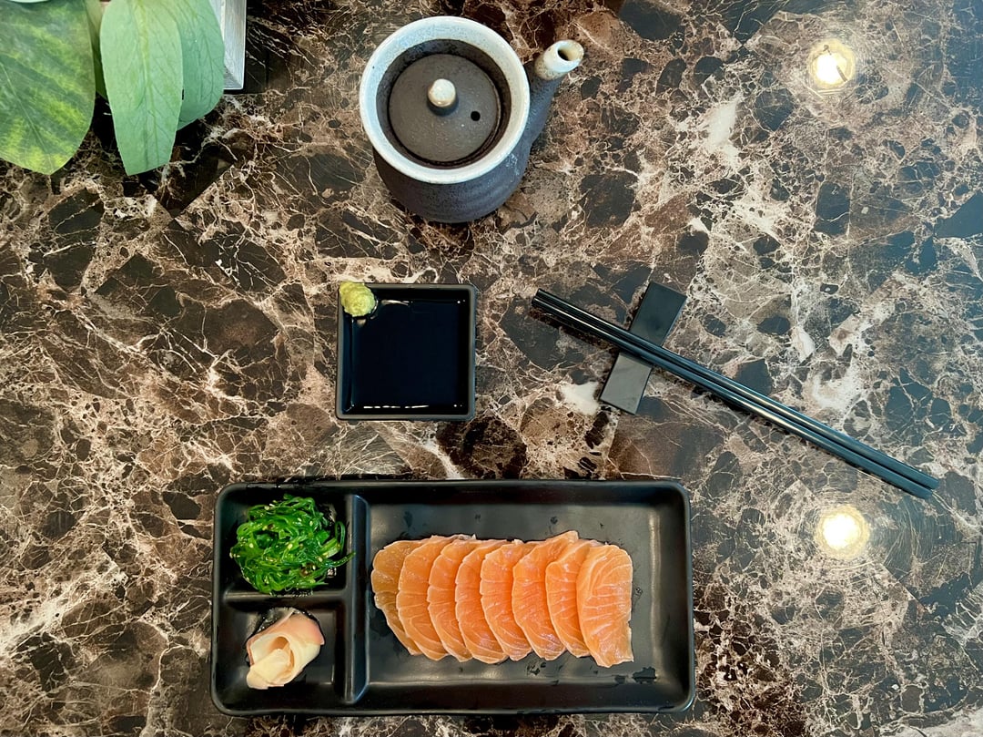 Salmon sashimi with wakame, real wasabi root, and XO soy sauce ...